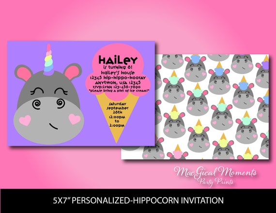 Hippocorn Birthday Invitation, Hippocorn Ice Cream Party, Cute Hippo ...