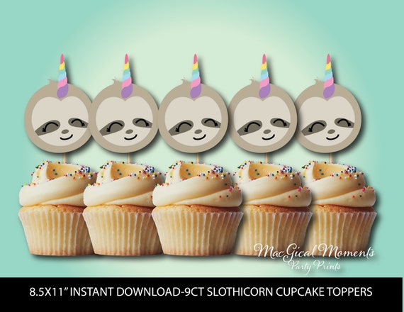 Slothicorn Cupcake Toppers, Unicorn Sloth Print, Slothicorn Party Decor ...