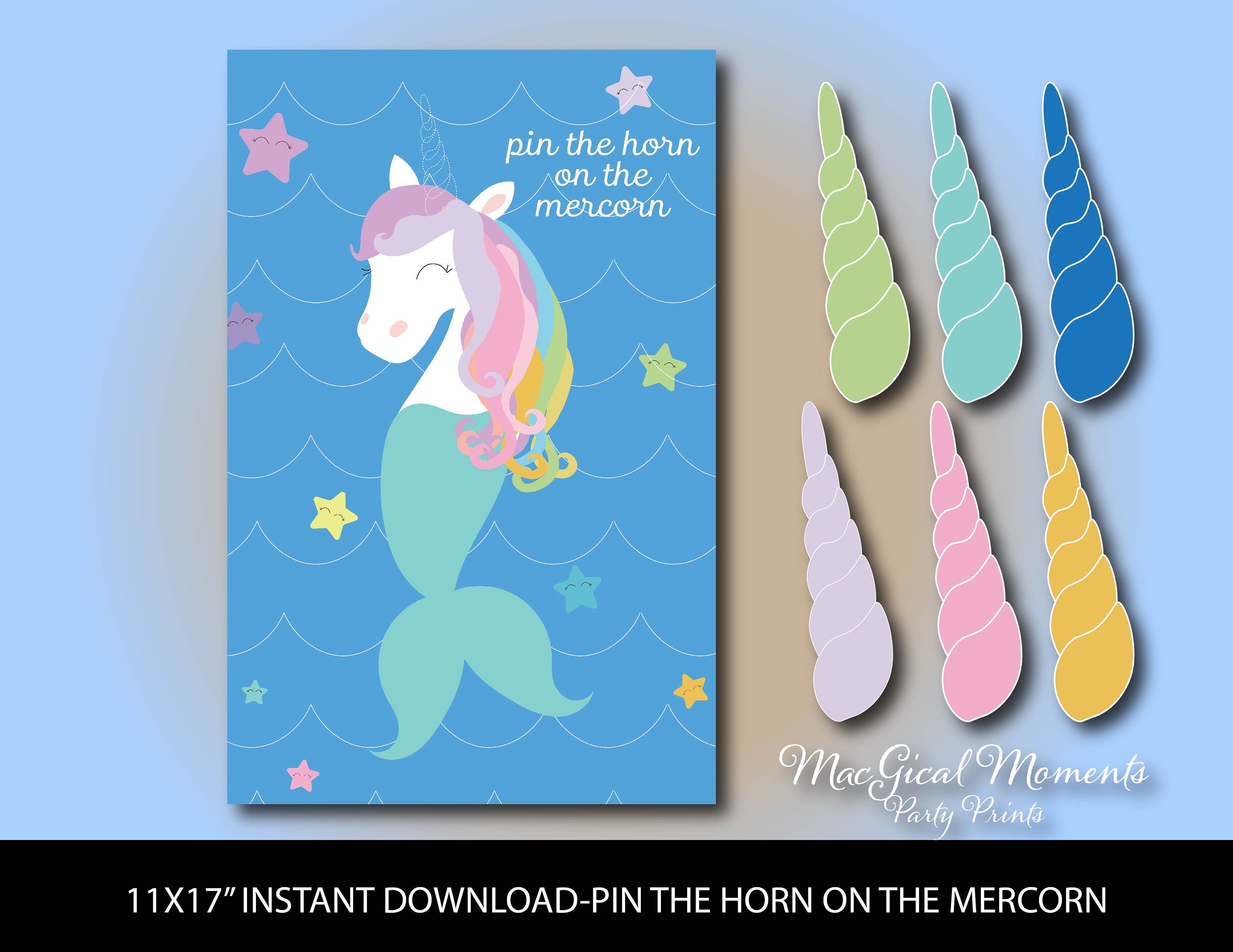 Pin the Horn on the Mercorn, Mercorn Party Game, Mermaid Unicorn Game ...
