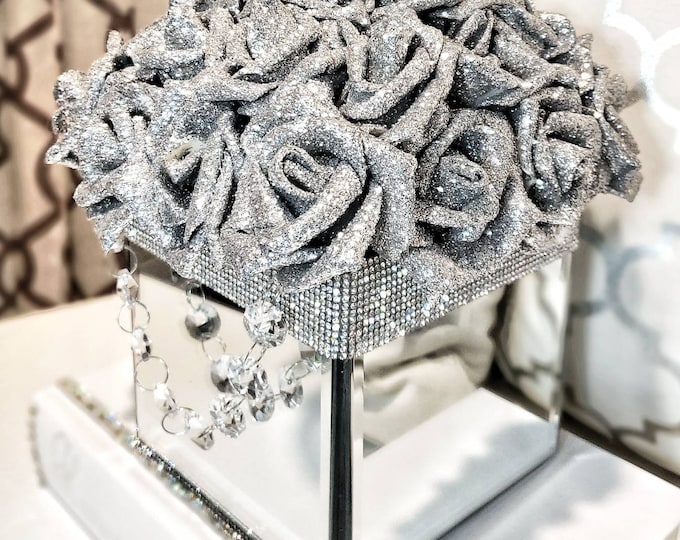 Bling Mirrored Boxed Silver Glitter Foam Artificial Roses Luxury Boxed ...