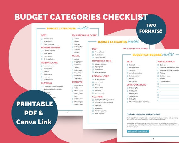 Budget Categories Checklist Tracker Printable to Stay - Etsy