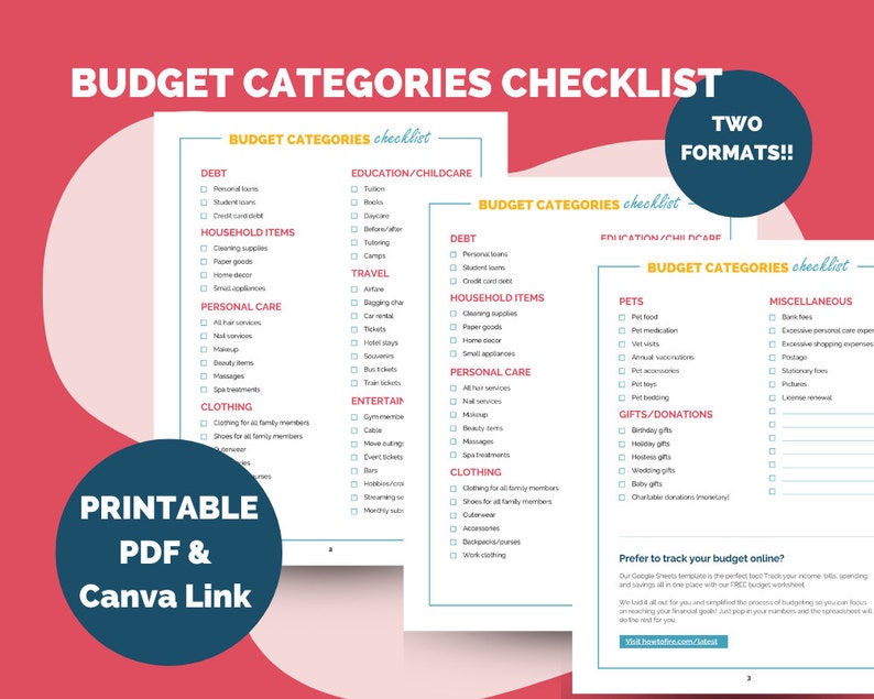 Budget Categories Checklist Tracker Printable to Stay Organized! - by ...