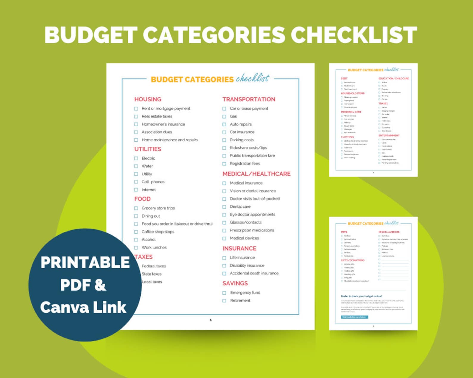 Budget Categories Checklist Tracker Printable to Stay Organized! - by ...