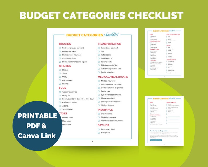 Budget Categories Checklist Tracker Printable to Stay Organized! - by ...