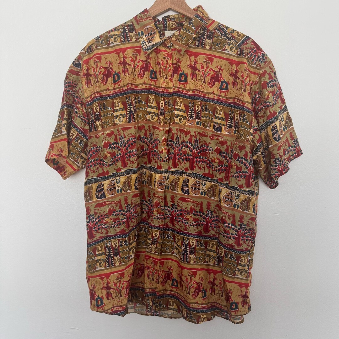 Vintage Cats Shirt Mens Large Silk All Over Print Animal Tribal Art ...