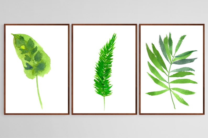 3 Piece Leaf Watercolour Print Set of Three Hand Painted Green Leaves ...