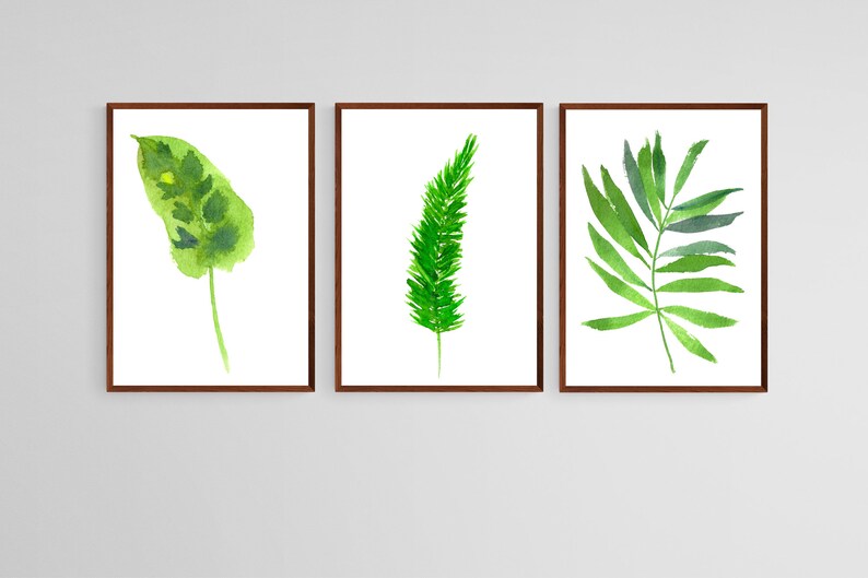3 Piece Leaf Watercolour Print Set of Three Hand Painted Green Leaves ...