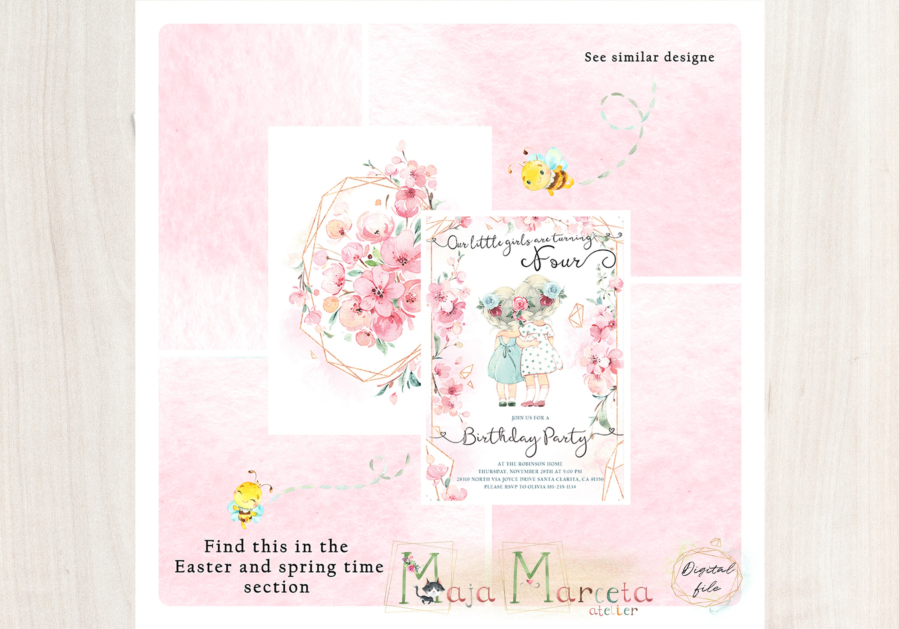 Spring Birthday, Little Girl Invite, Floral Birthday Invite, Joint ...