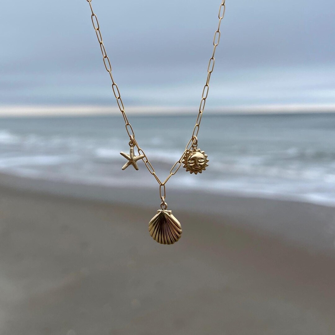 Beachy Charm Necklace, 14k Gold Filled Charm Necklace, Shark Tooth ...