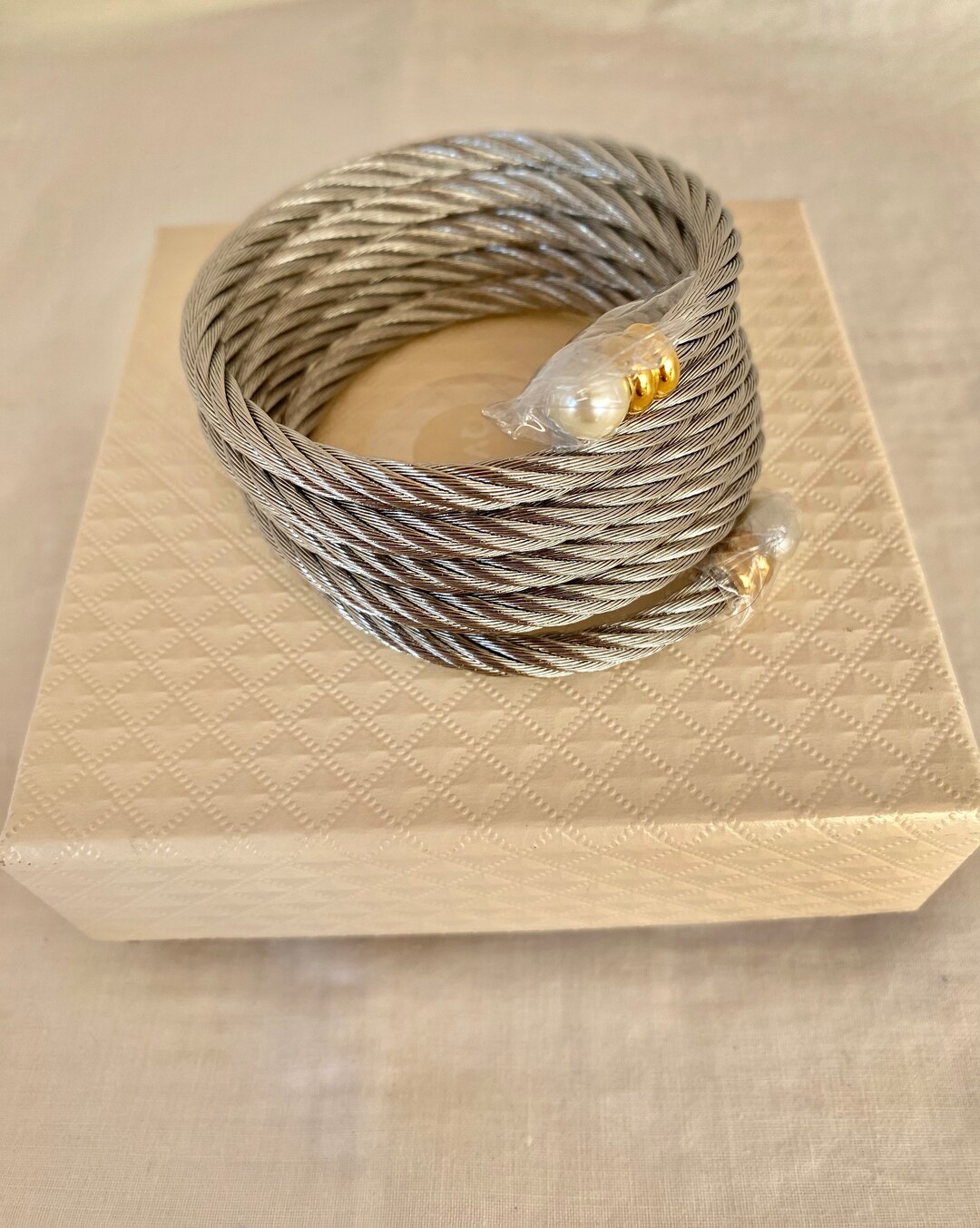 Beautiful Stainless Steel Cable Wire Wrap Bangle Bracelet Simulated ...