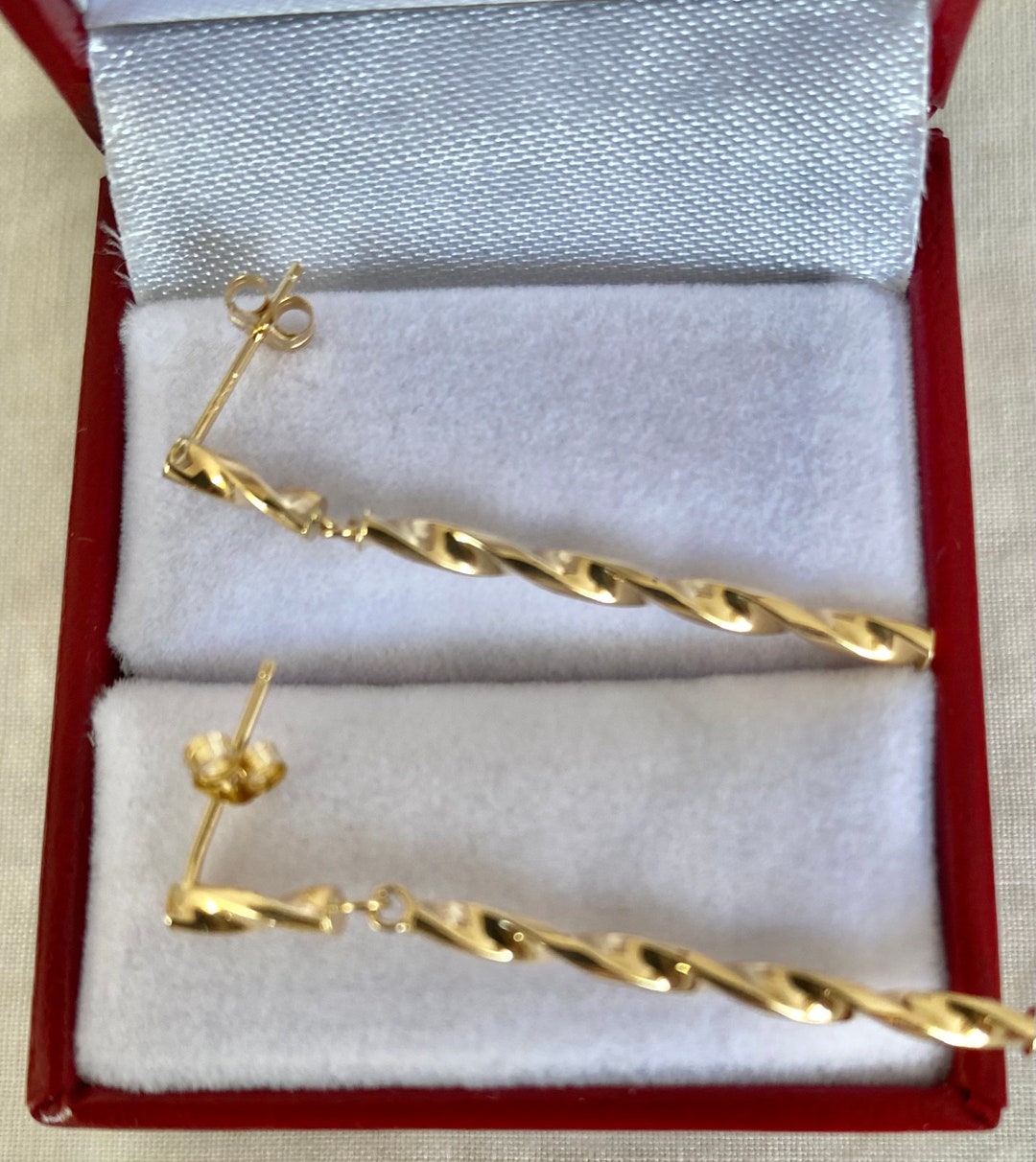 14K Gold Torsade Twist Toothpick Design Dangle Yellow Gold Earrings - Etsy