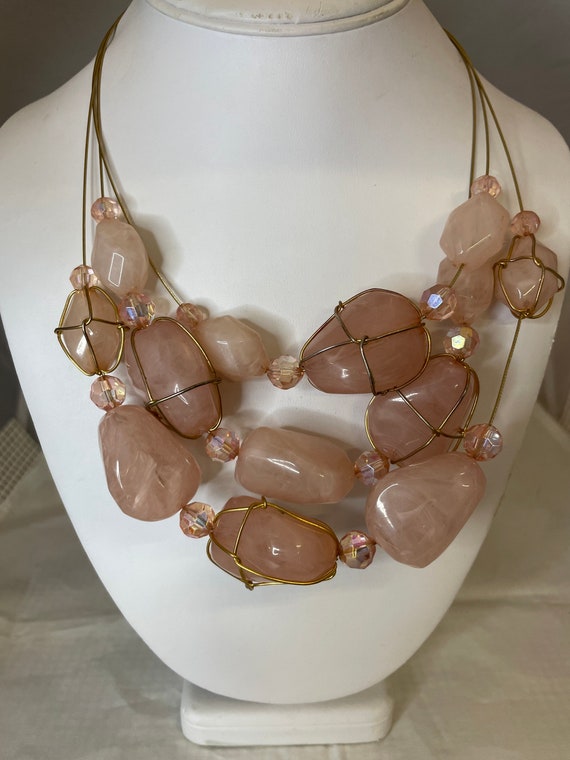 Joan Rivers 3 Strand Large Rose Quartz Freeform Caged… - Gem