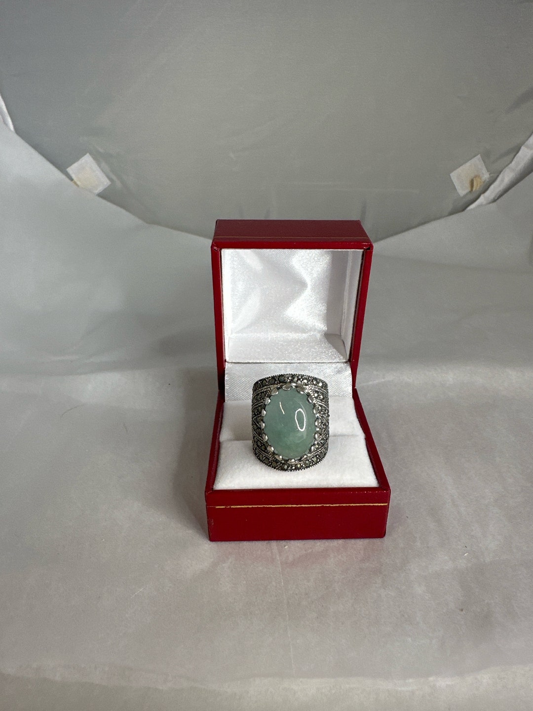 Jade Marcasite Wide Band Tapered Cabachon Tooth Bezel Setting Sterling ...