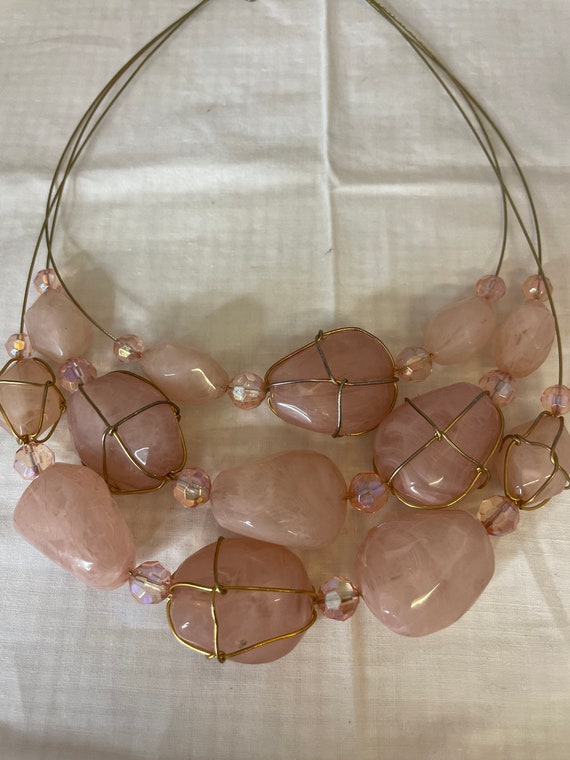 Joan Rivers 3 Strand Large Rose Quartz Freeform Caged… - Gem
