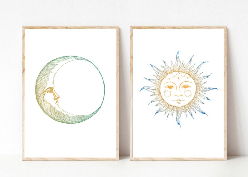 Din A4 Kunstdruck 2-teilig ungerahmt Grafik Sonne Mond mit Gesicht ...