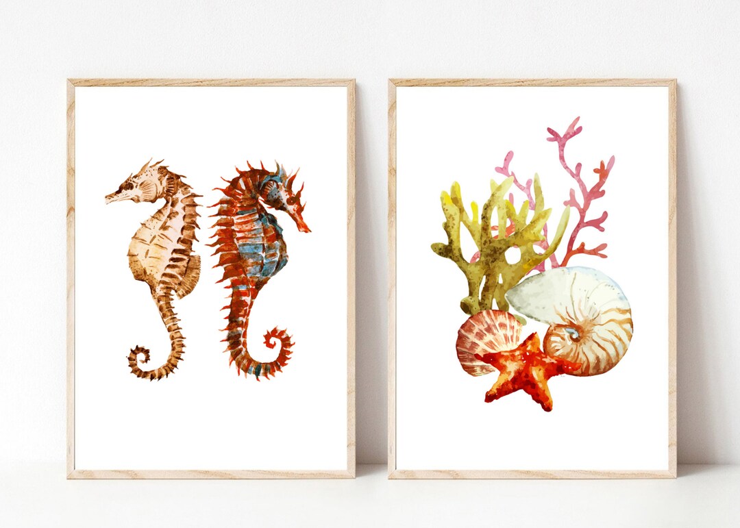 Din A4 Art Print 2-piece Unframed Watercolor Sea Pen Coral Shells ...