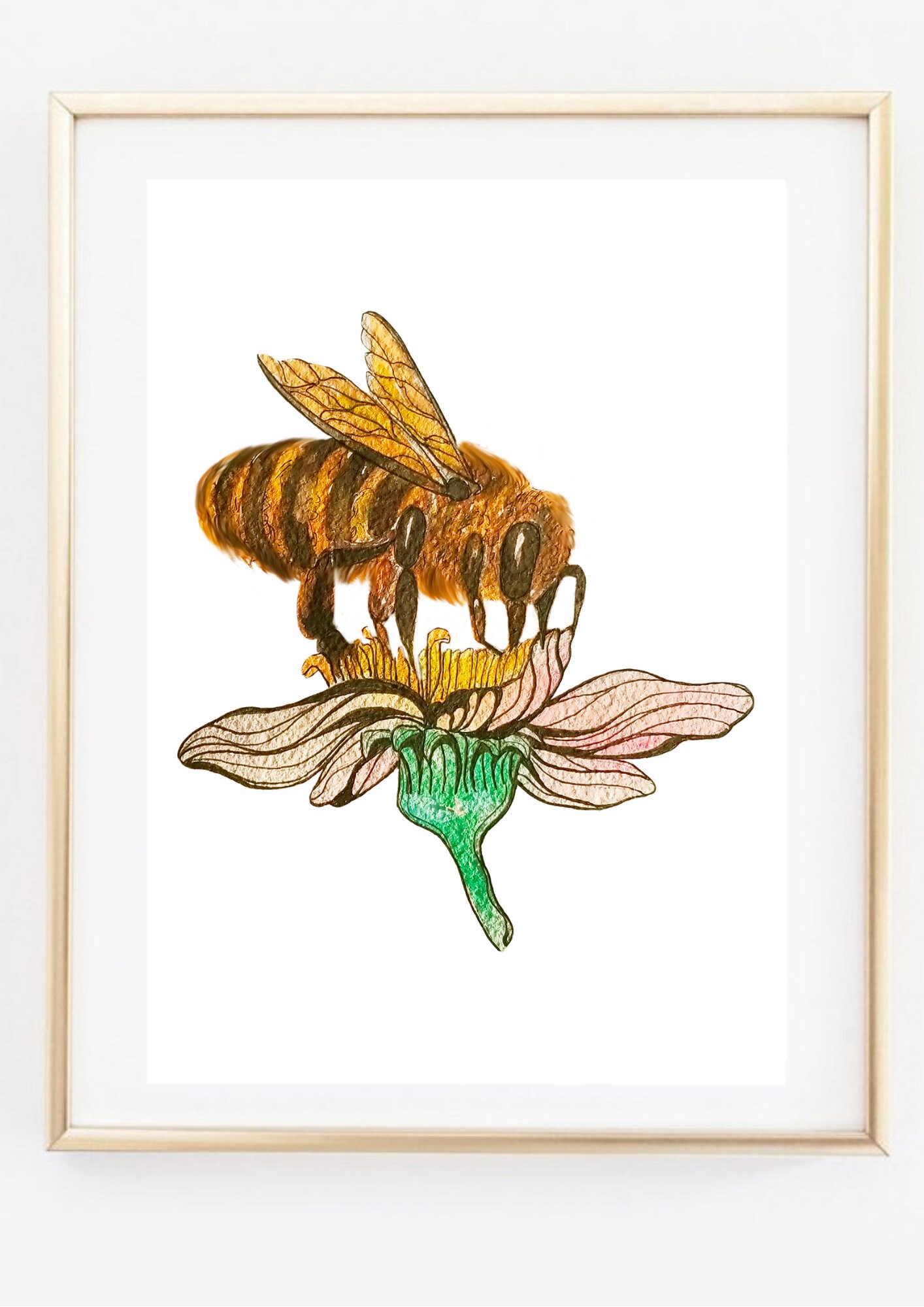 Din A4 Kunstdruck ohne Rahmen - Biene auf Blume - Honigbiene Insekt Imker Imkerei Zeichnung Bild ...