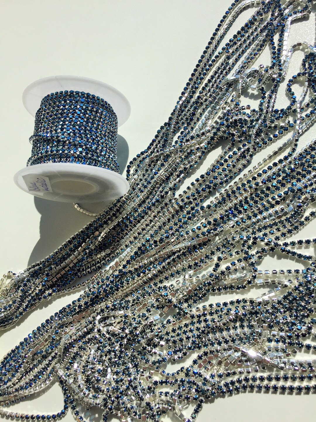 Metallic Blue Color, Chain With Rhinestones, Silver Base, Stone Chains ...