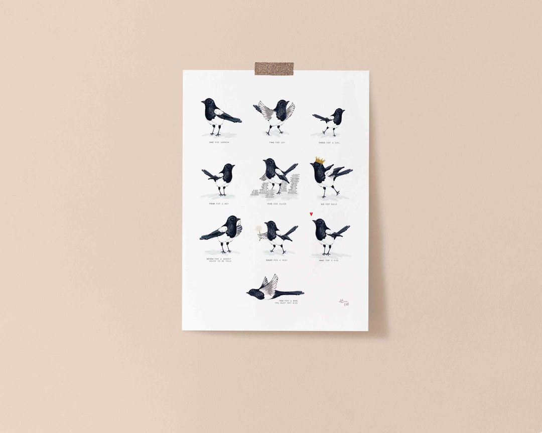 Magpie Illustrated Print 'one for Sorrow' Poem - Etsy UK