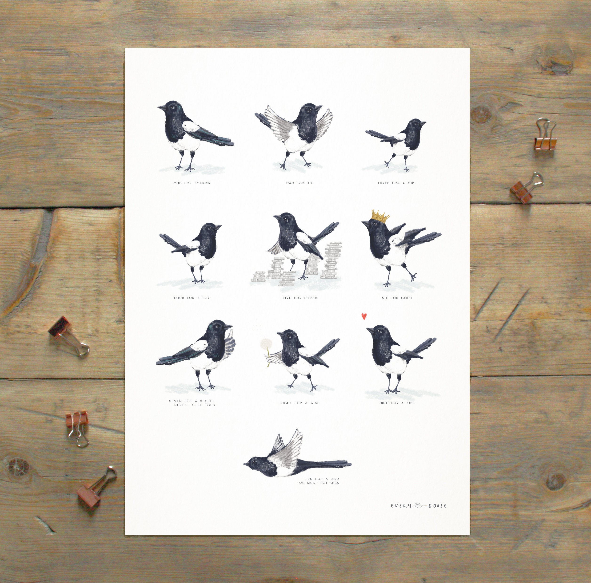 Magpie Illustrated Print 'One for Sorrow' Poem | Etsy