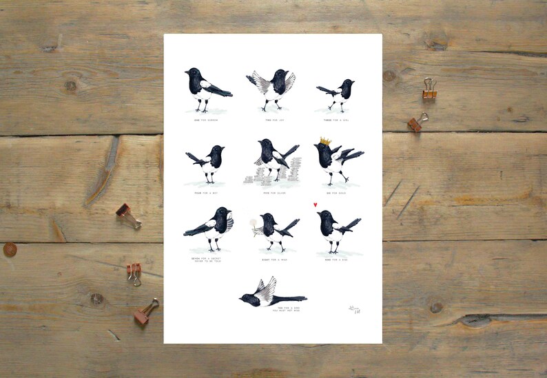 Magpie Illustrated Print 'One for Sorrow' Poem | Etsy