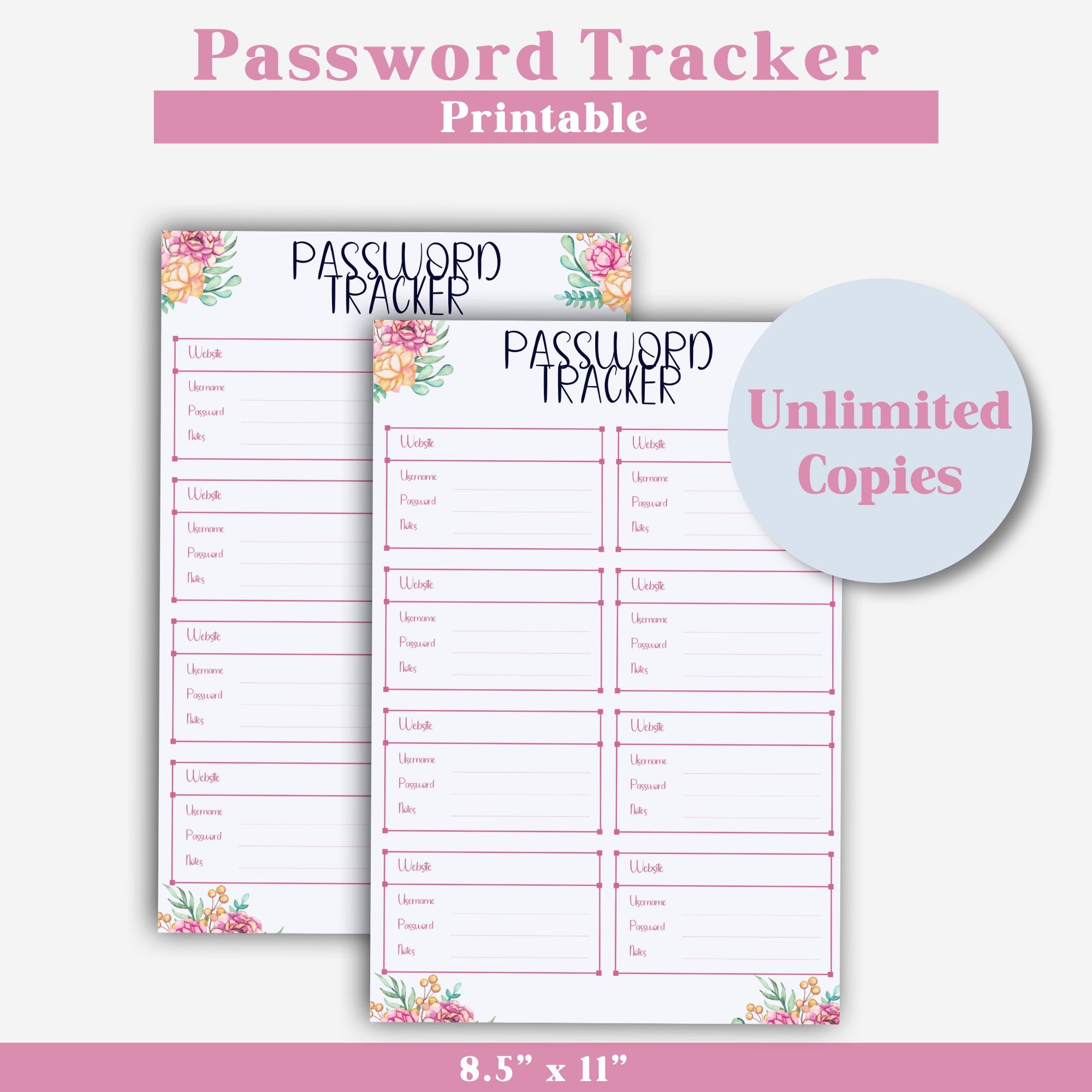 Password Tracker | Instant Download | Pink Floral Log | Journal - Etsy