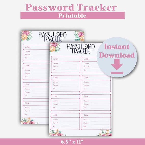 Password Tracker Instant Download Pink Floral Log - Etsy