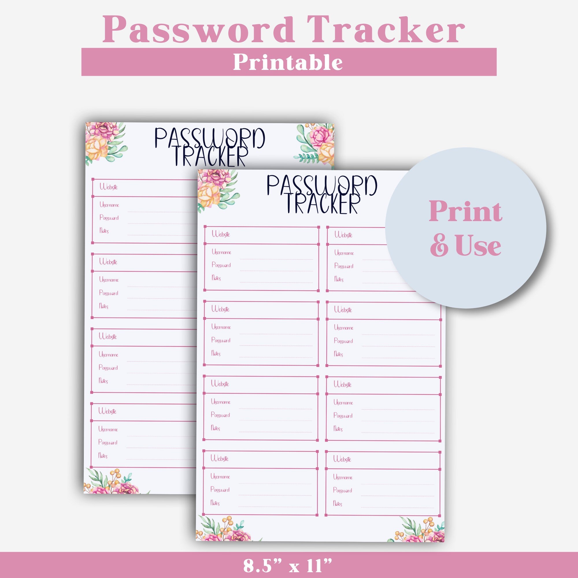 Password Tracker | Instant Download | Pink Floral Log | Journal - Etsy