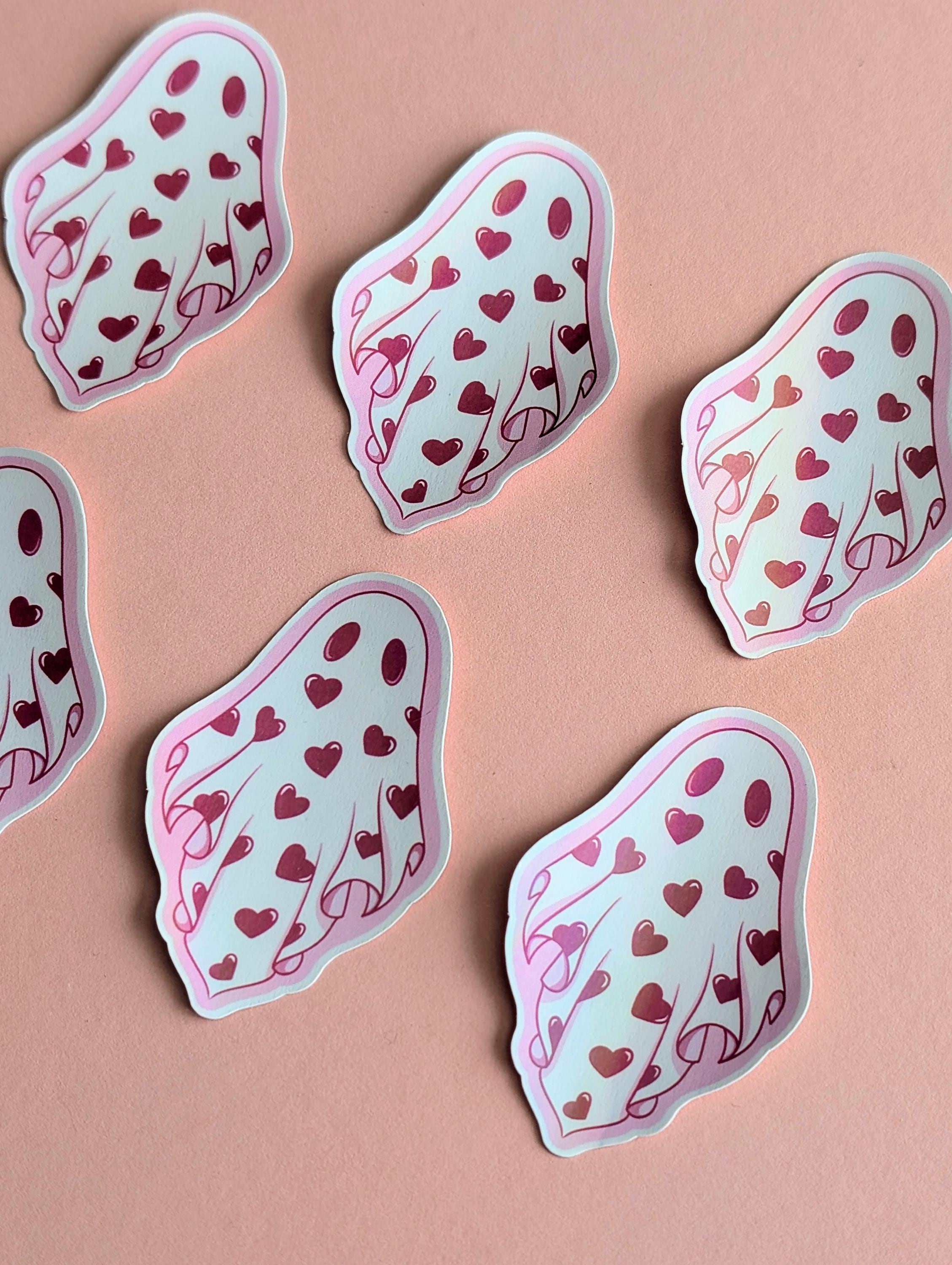 Pink Ghost Holographic Sticker - Cute Rainbow Holo Ghost With Hearts ...