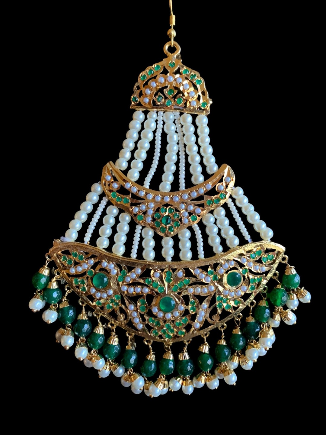 DJHR43 Punjabi Jadau Jhoomar in Pearls With Green Beads , Indian ...