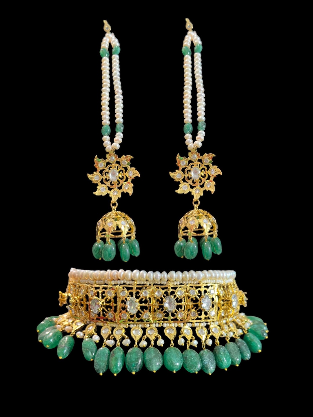 Hyderabadi Jadavi Lacha in Polki and Real Pearls and Emerald Beads ...