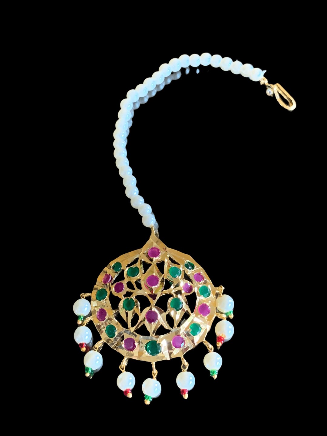DJTK21 Insia Hyderabadi Jadau Tika in Ruby Emerald With Shell Pearls ...