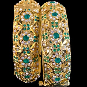 Shibra Punjabi Jadau Bangles in Emerald With Pearls , One Pair , Indian ...