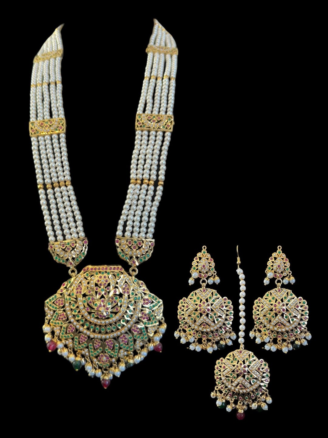 DLN109 Jia Punjabi Jadau Rani Haar With Earrings Tika in Ruby Emerald ...