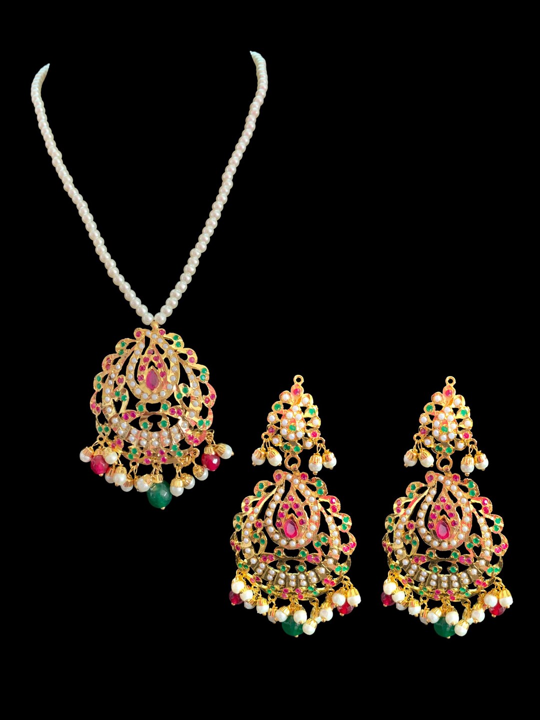 PS470 Punjabi Jadau Pendant Set in Ruby Emerald , Indian Jewellery - Etsy