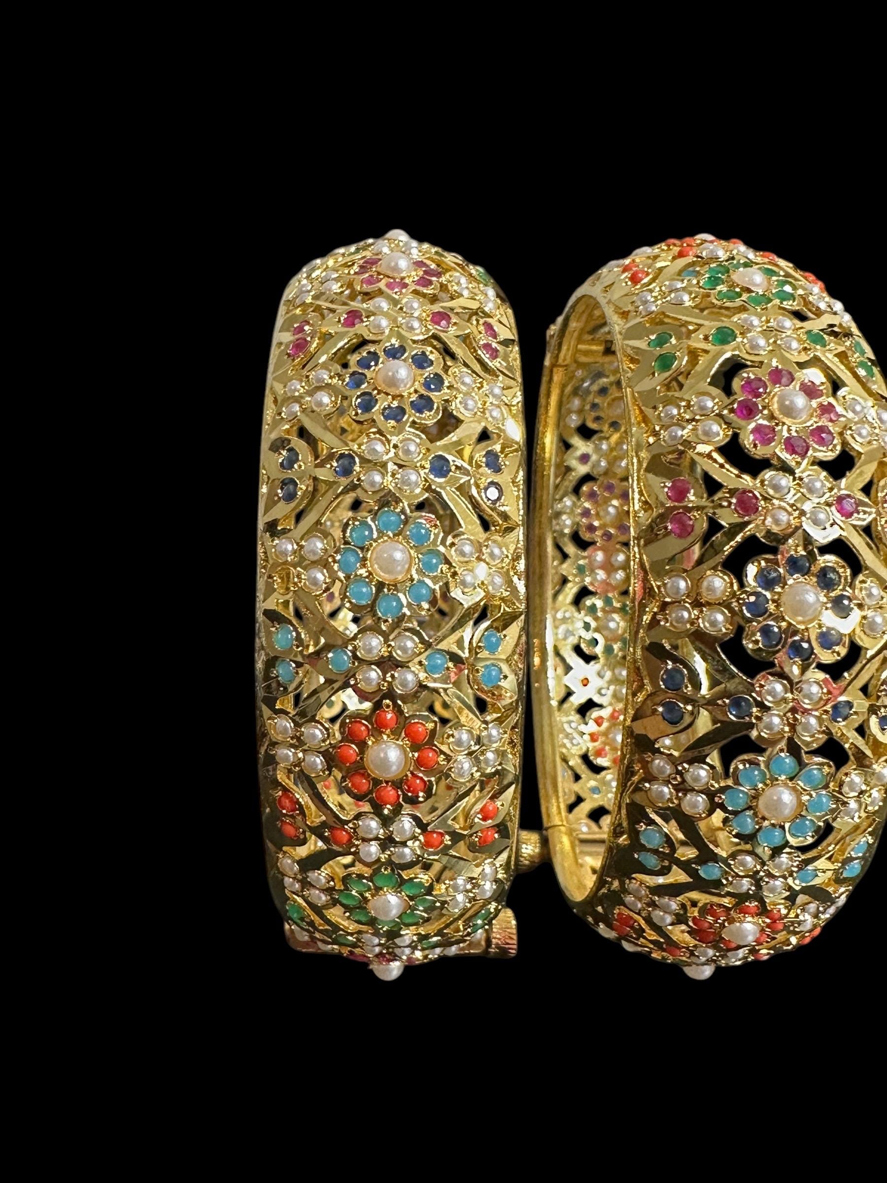 B301 Shibra Gold Plated Jadau Bangles in Navratan/ Traditional Bangles ...