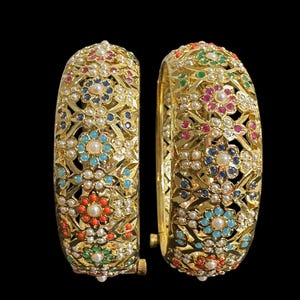 B301 Shibra Gold Plated Jadau Bangles in Navratan/ Traditional Bangles ...