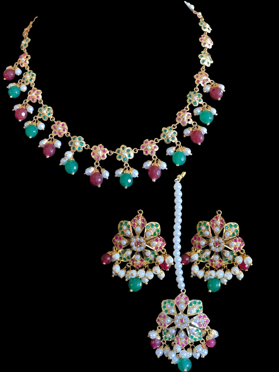 NS327 Alea Punjabi Jadau Necklace With Earrings in Ruby Emerald With ...