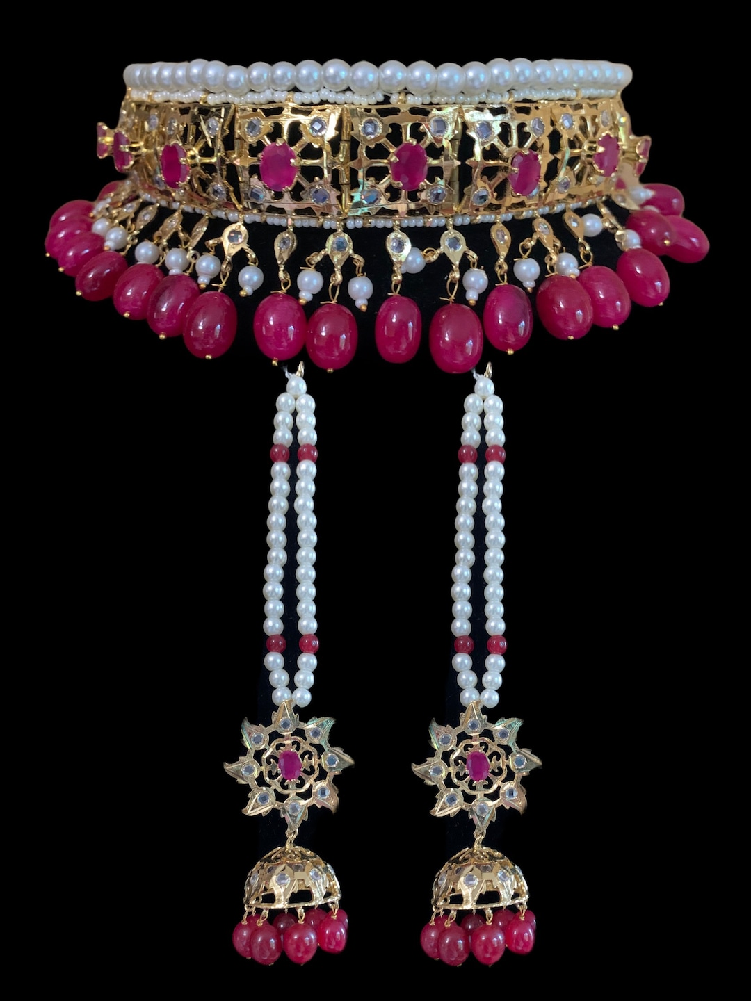 C109 Hyderabadi Jadavi Lacha in Ruby Beads , , Indian Gold Plated ...