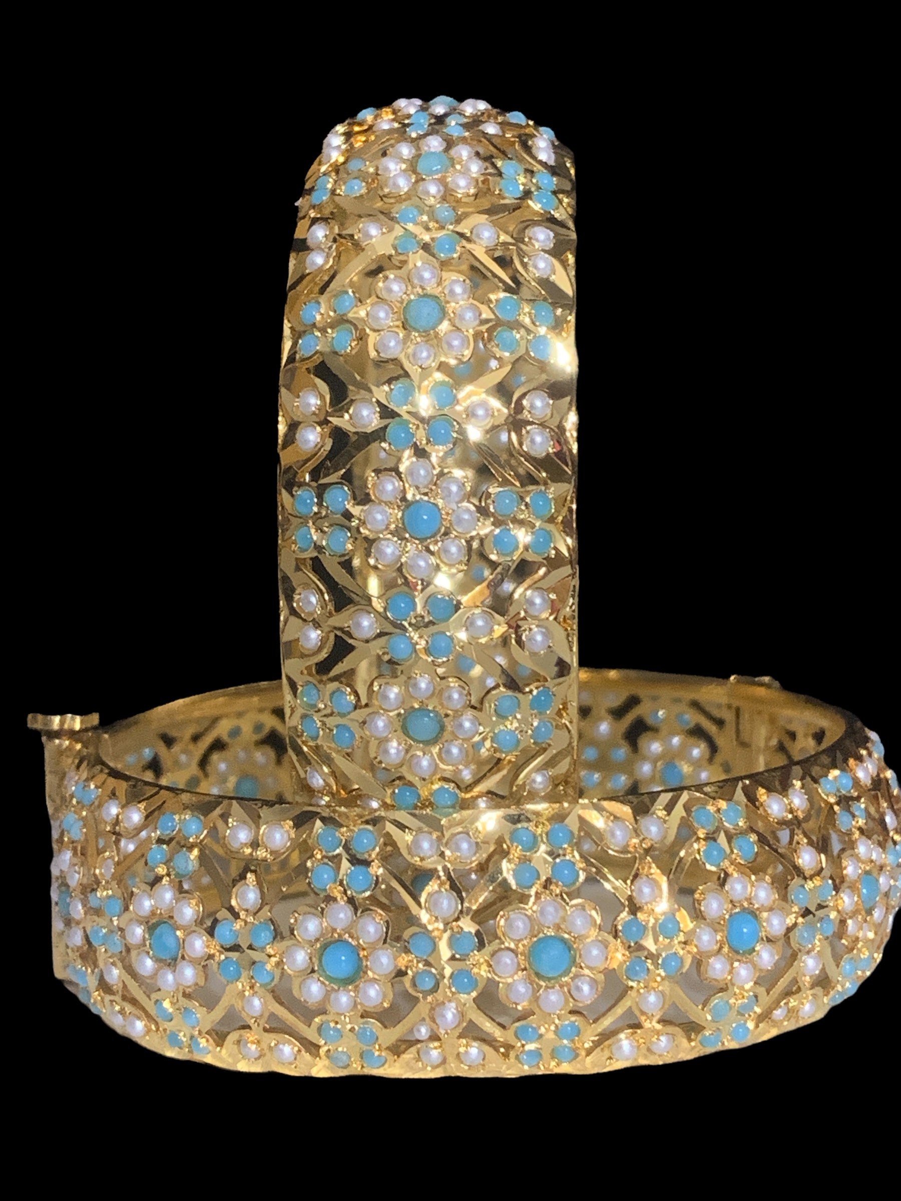 B6 Shibra Gold Plated Jadau Bangles in Turquoise Pearl/ Traditional ...