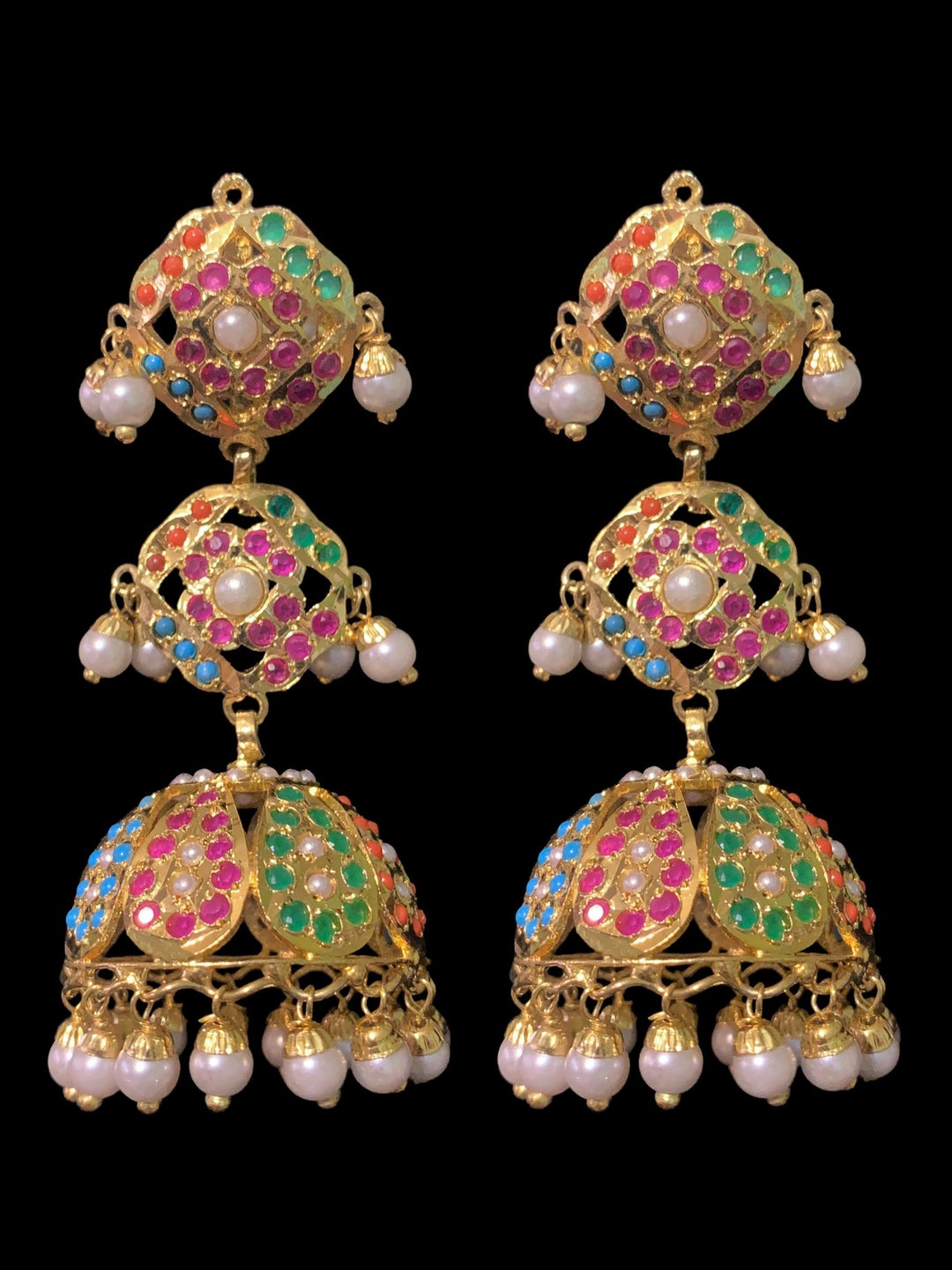 DER394 Hina Punjabi Jadau Jhumka in Navratan , Indian Jewellery - Etsy