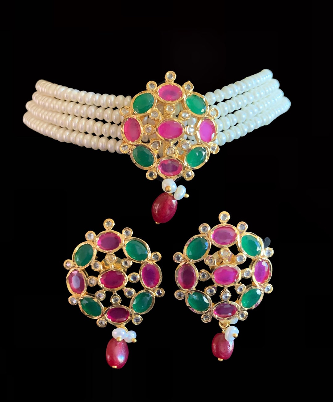 C13 Alma Fresh Water Pearl Choker in Ruby Emerald | Hyderabadi Jewelry ...