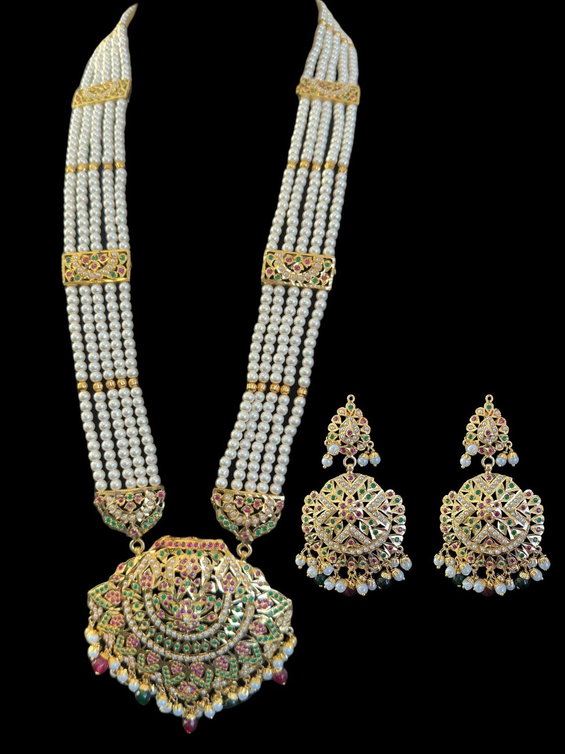 DLN109 Jia Punjabi Jadau Rani Haar With Earrings Tika in Ruby Emerald ...
