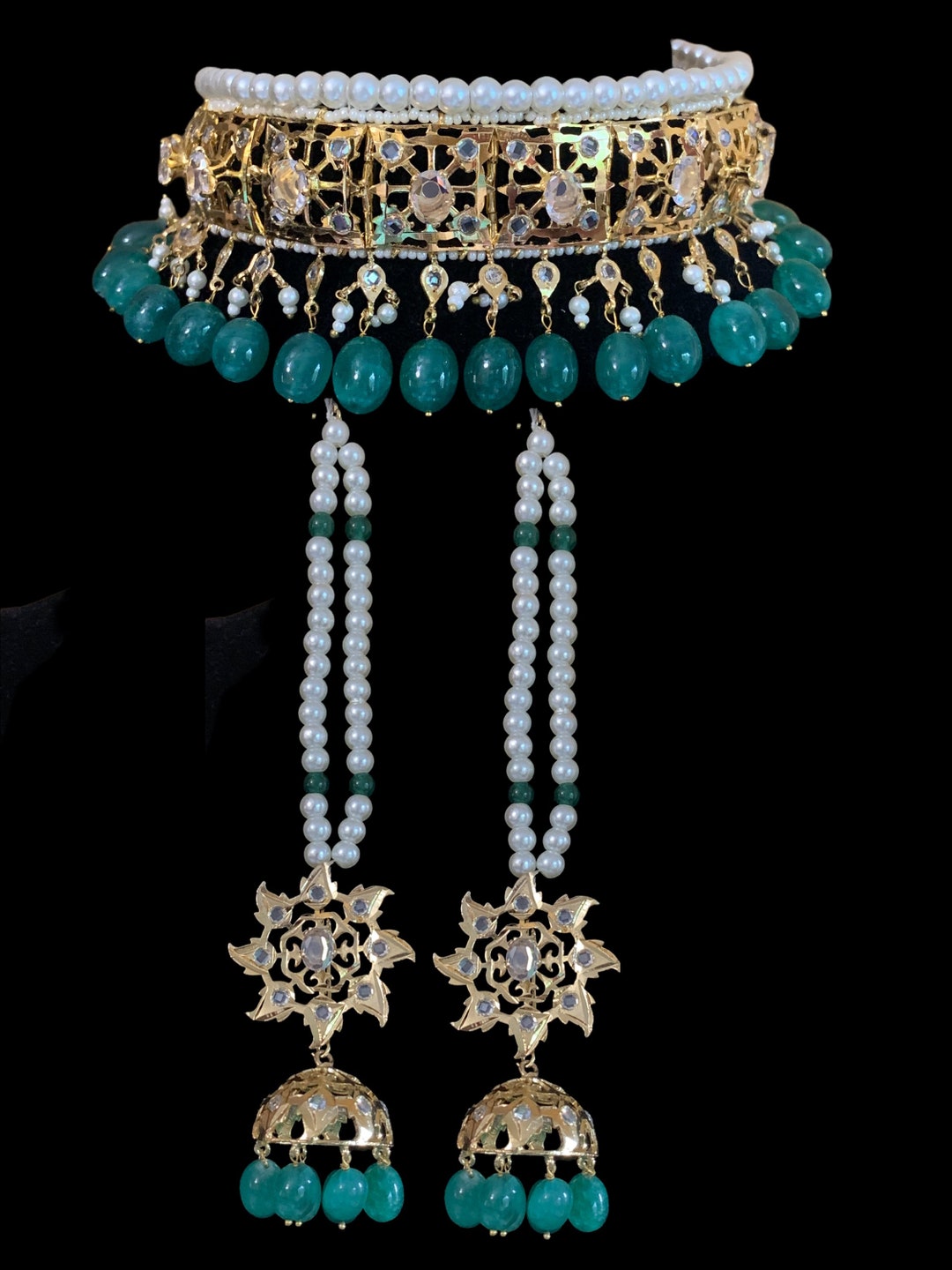 C108 Hyderabadi Jadavi Lacha in Green Beads , , Indian Gold Plated ...