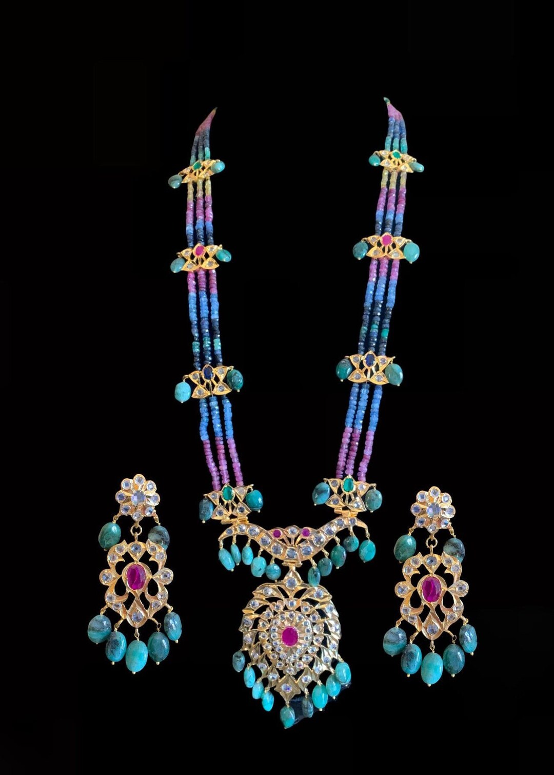 LN62 Aaina Hyderabadi Jadau Rani Haar With Earrings in Navratan or ...