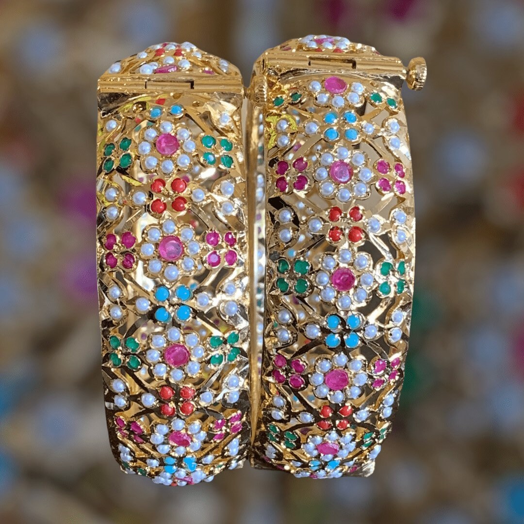 Shibra Punjabi Jadau Bangles in Navratan With Pearls One - Etsy