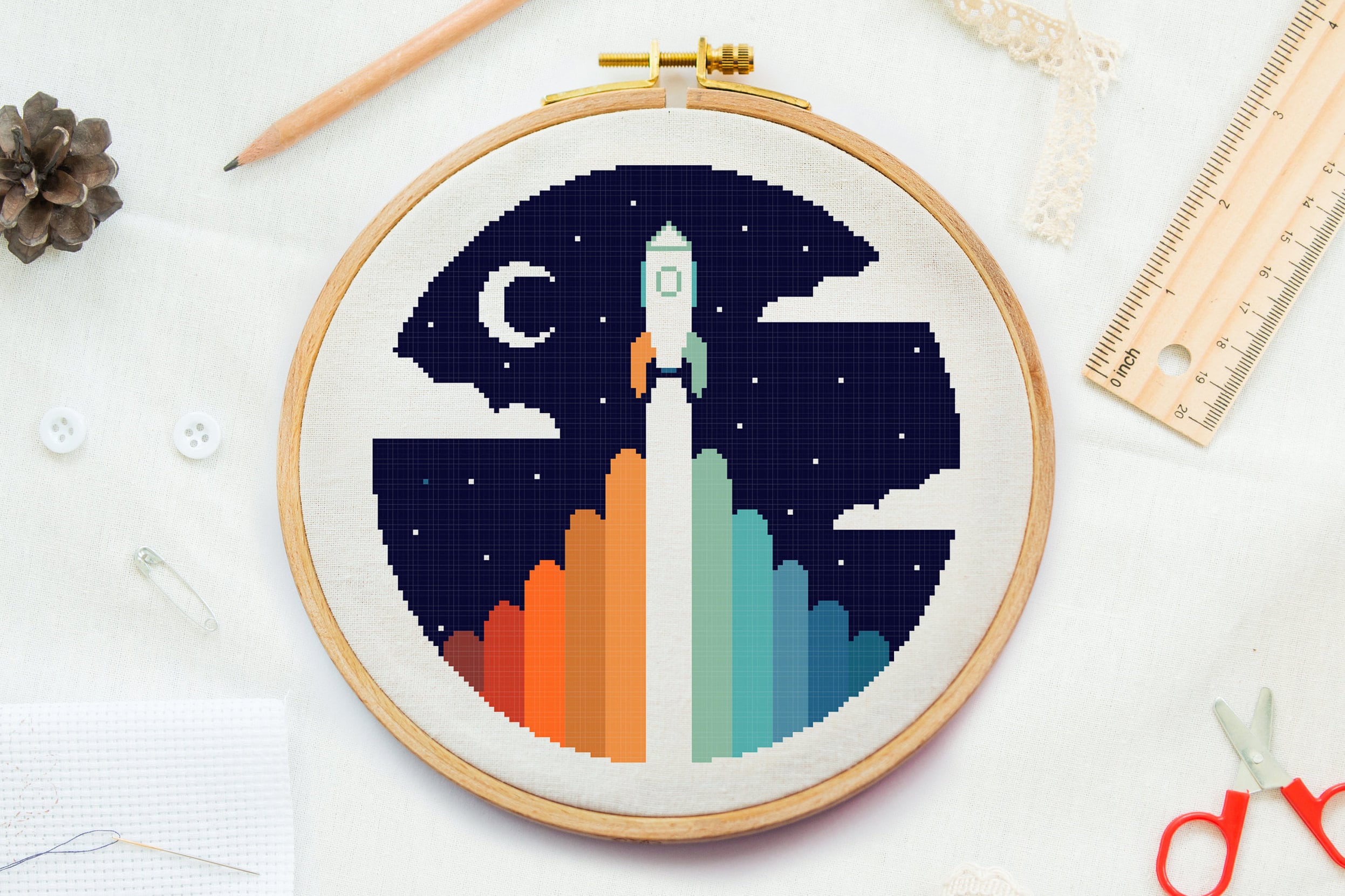 Space Rocket to the Moon Cross Stitch Pattern, Night Sky Embroidery ...