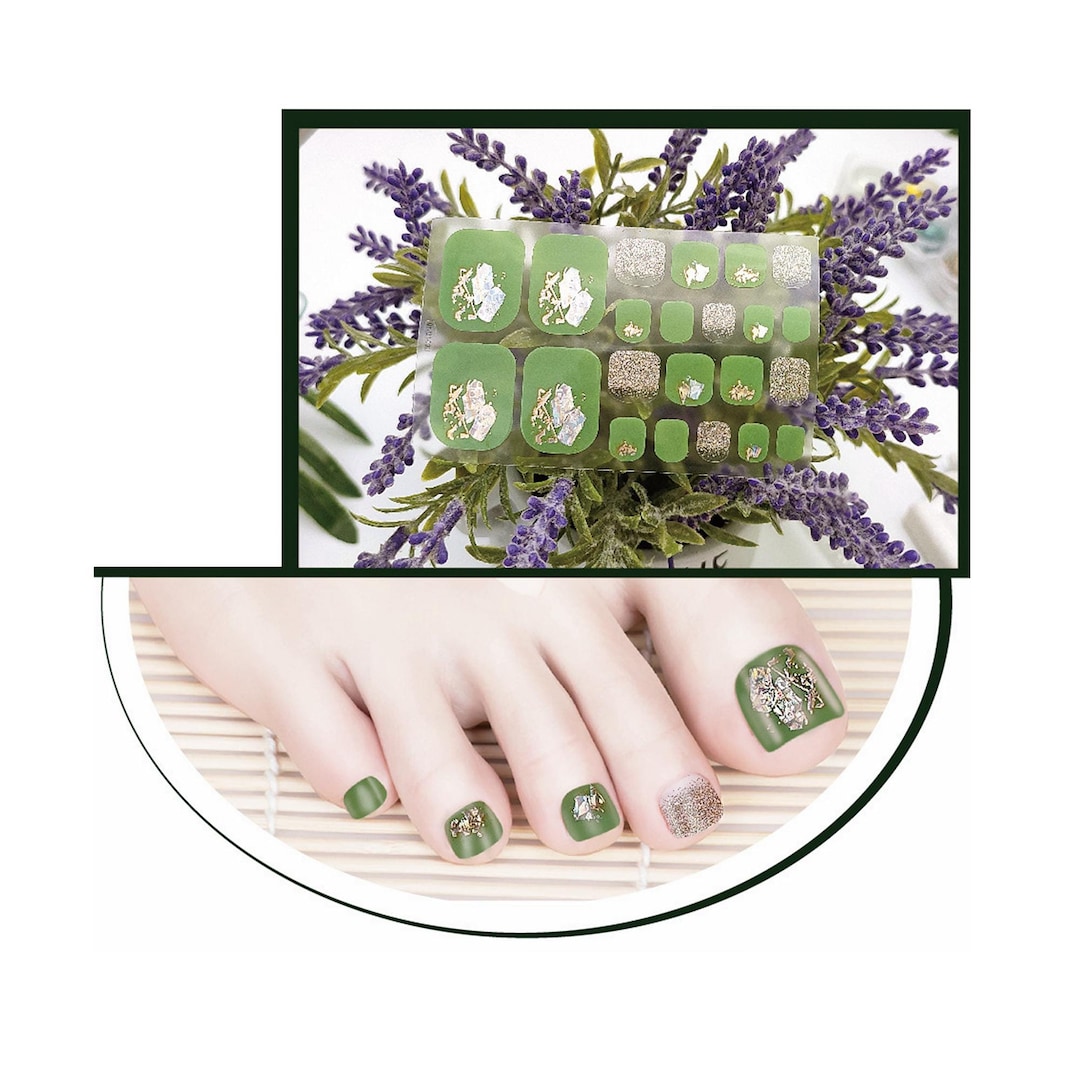 Toenail Art Stickers Green Toenail Glitter Gold Silver Foil Full Cover ...