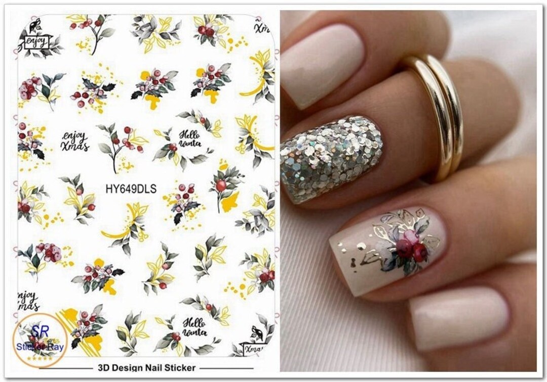 Holly Ilex Nail Stickers Decals Red Holly Berries Evergreen Trees Happy ...