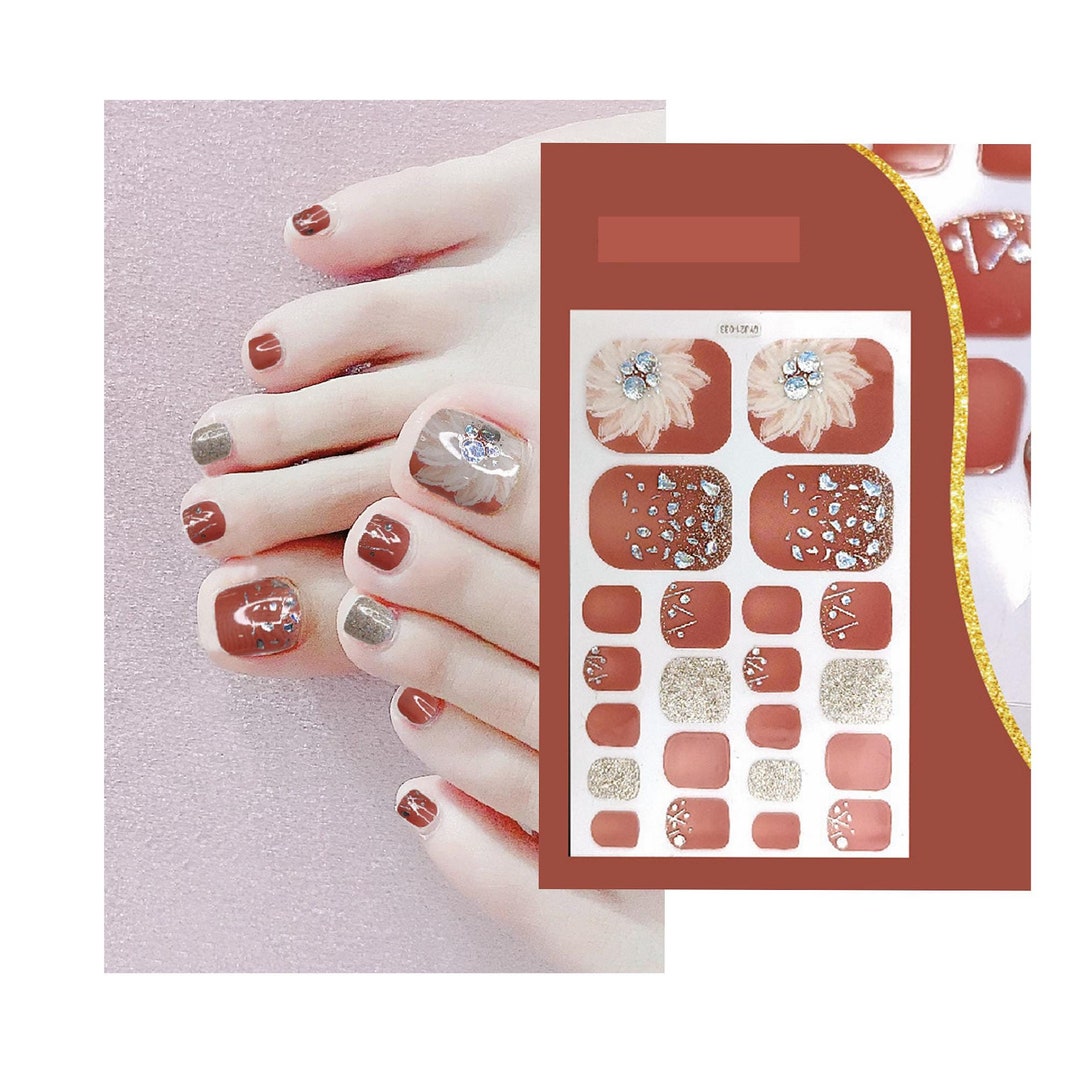 Flower Toe Nail Art Stickers Glitter Gold Brown Toenail Silver Dots ...
